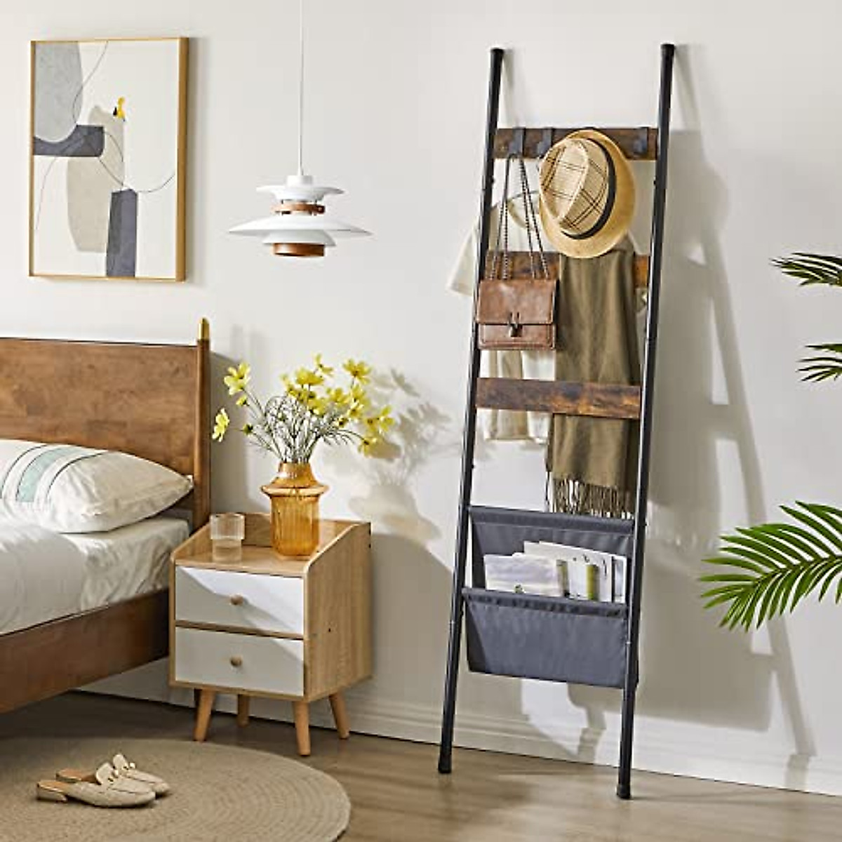 IBUYKE Blanket Rack Towel Rack Holder with Hooks Blanket Ladders Wall Leaning Metal Holder Rack for Living Room,Bathroom,Bedroom Home Decor Rustic Brown TTR001H