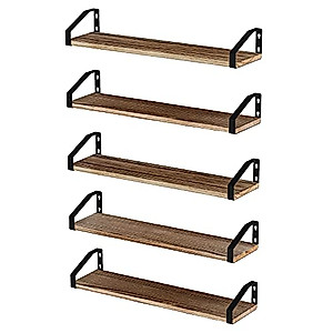 Wallniture Braga 24" Floating Shelves, Bookshelf Wall Decor Living Room Bathroom Shelves Over Toilet, Bedroom Kitchen Organization, Burnt Finish Set of 5