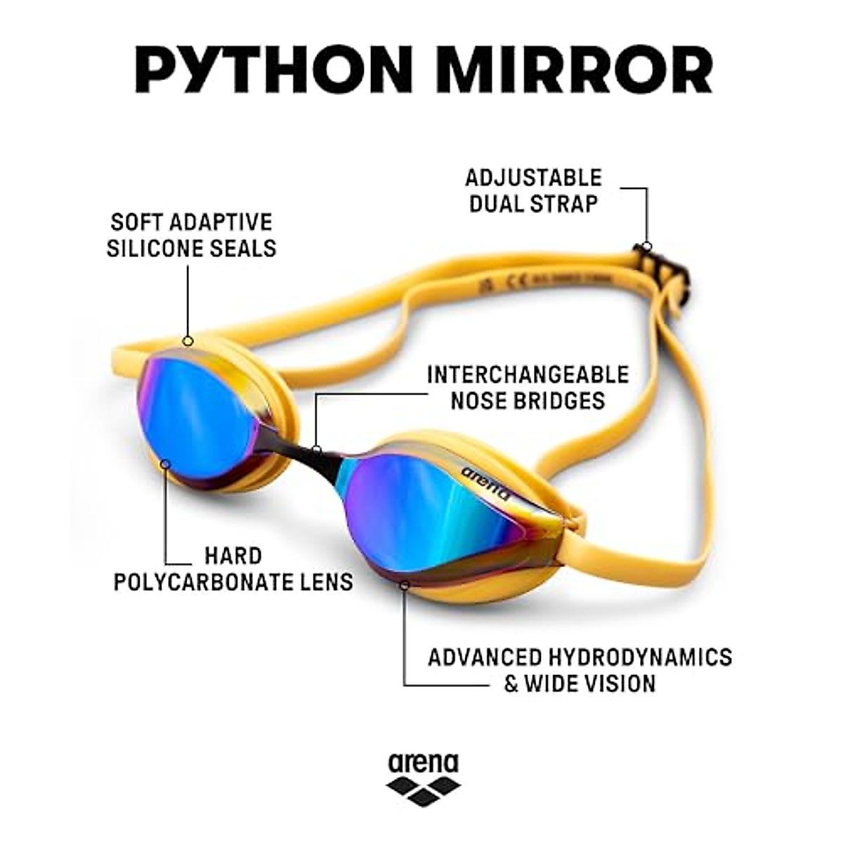 Arena Python Racing Swim Goggles for Men and Women, UV Protection, Anti-Fog, Dual Strap, Mirror Lens, Copper/Gold