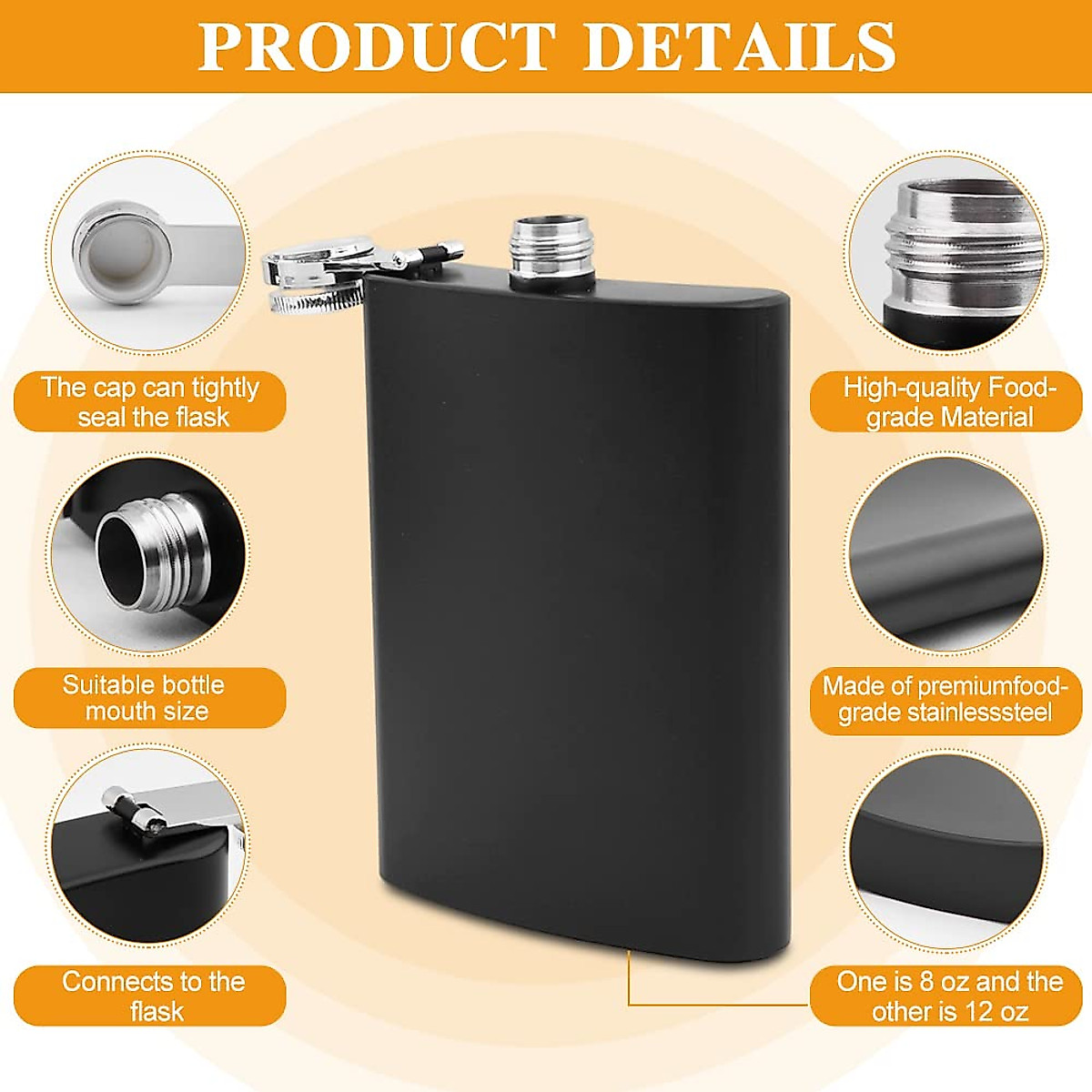 6pcs/set 8oz 12oz Party Camping Barbecue Stainless Steel Hip Flask With Funnel,Stainless Steel Shot Cup,for Men & Women(Black)