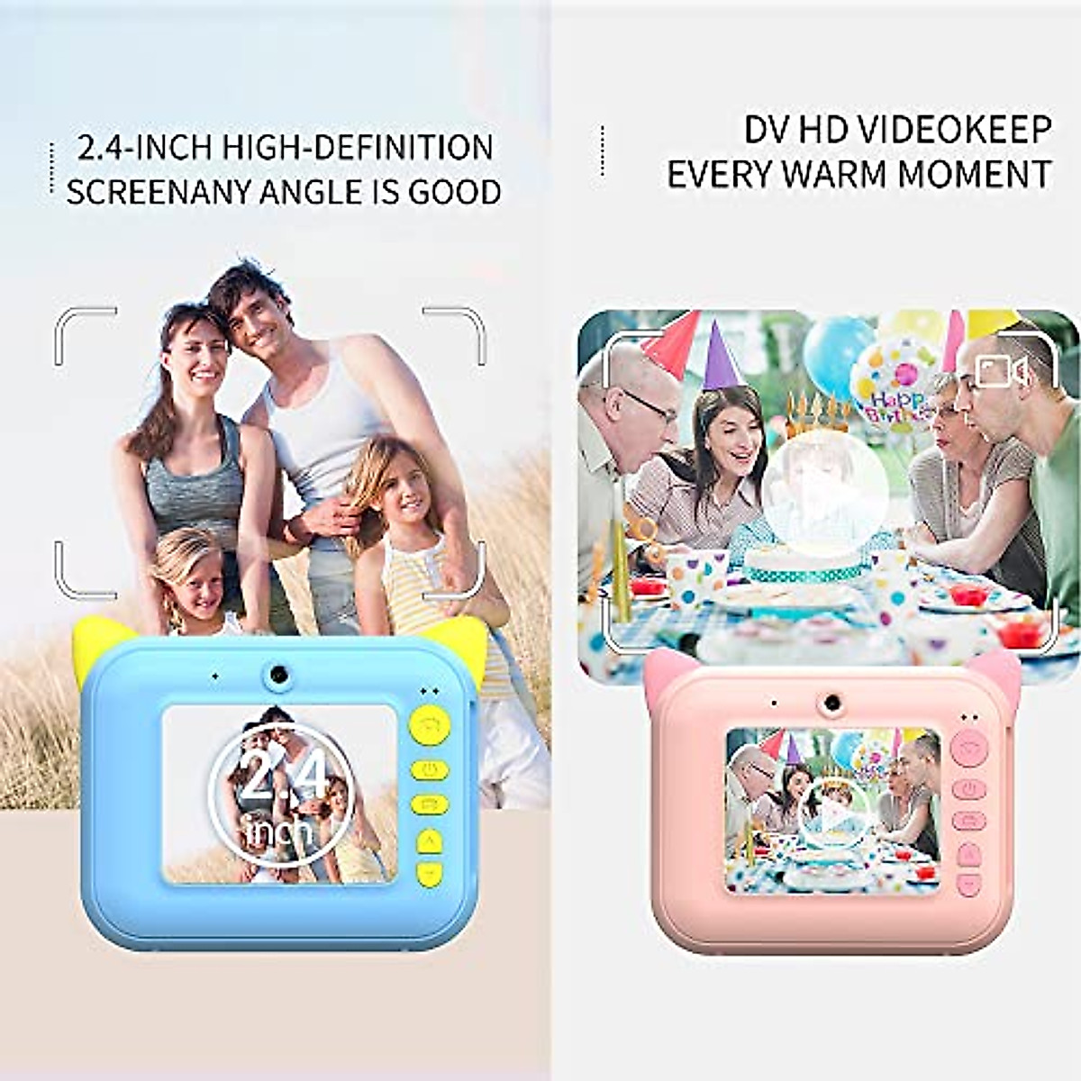 CalmGeek Cute Kids Instant Print Camera 1080P Digital Video Camera Dual Camera Lens 12MP 2.4 Inch LCD Screen Built-in Battery Birthday Festival for Boys Girls