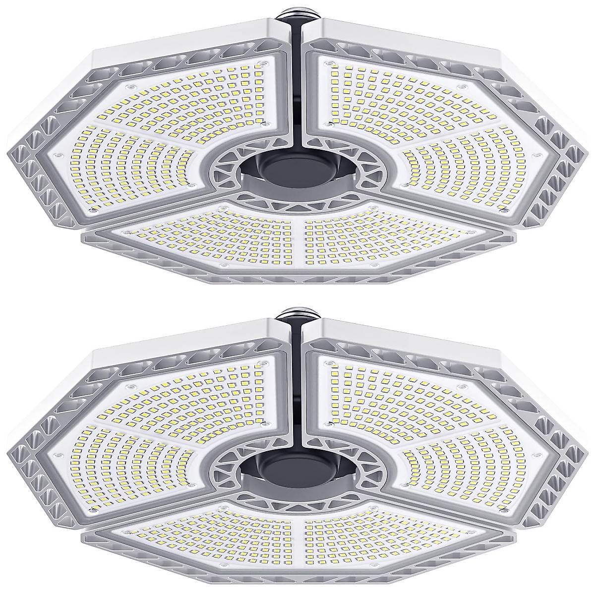 KERNOWO 2 Pack LED Garage Light, 140W 18500 Lumens Garage Lighting, 6000K Daylight with Deformable Three Panels Garage Ceiling Light Fixture E26/E27 Triple Glow LED Shop Light for Basement Workshop