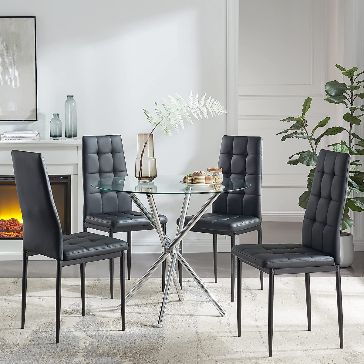 WISOICE Black Dining Chairs Set of 2, Kitchen Chairs for Dining Room Chairs, PU Leather Padded Cushion, High Back and Metal Legs