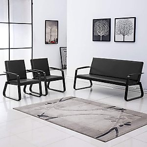 walnest 3PCS 5 Seats Office Reception Chair Set PU Leather Waiting Room Bench Visitor Guest Sofa Airport Clinic 2x1-seat and 1x3-seat