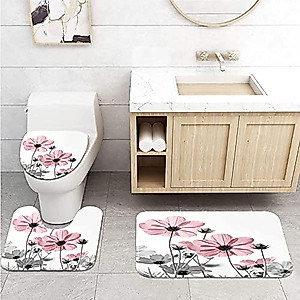 MERCHR Unique Floral Pink Bath Mat Set, Pink and Grey Daisy Flower Elegant Wildflower Design Farmhouse Bath Rugs, Contour Mat and Toilet Lid Cover for Bathroom