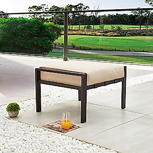LOKATSE HOME Patio Ottoman Metal Cushion Foot Rest Modern Outdoor Furniture Small Seat for Garden Yard Deck Poolside, Beige