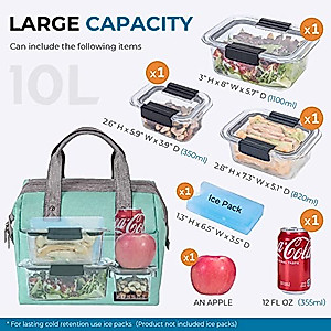 Large Insulated Lunch Bag for Women Men Leakproof Lunch Tote Bags Cooler Bag for Work Travel Adult Thermal Lunch Bags for Office -10L Lunchbox - Mint Green