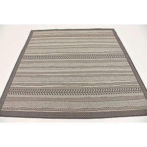 Unique Loom Outdoor Border Collection Area Rug - Lines (6' 1" Square, Gray/ Silver)