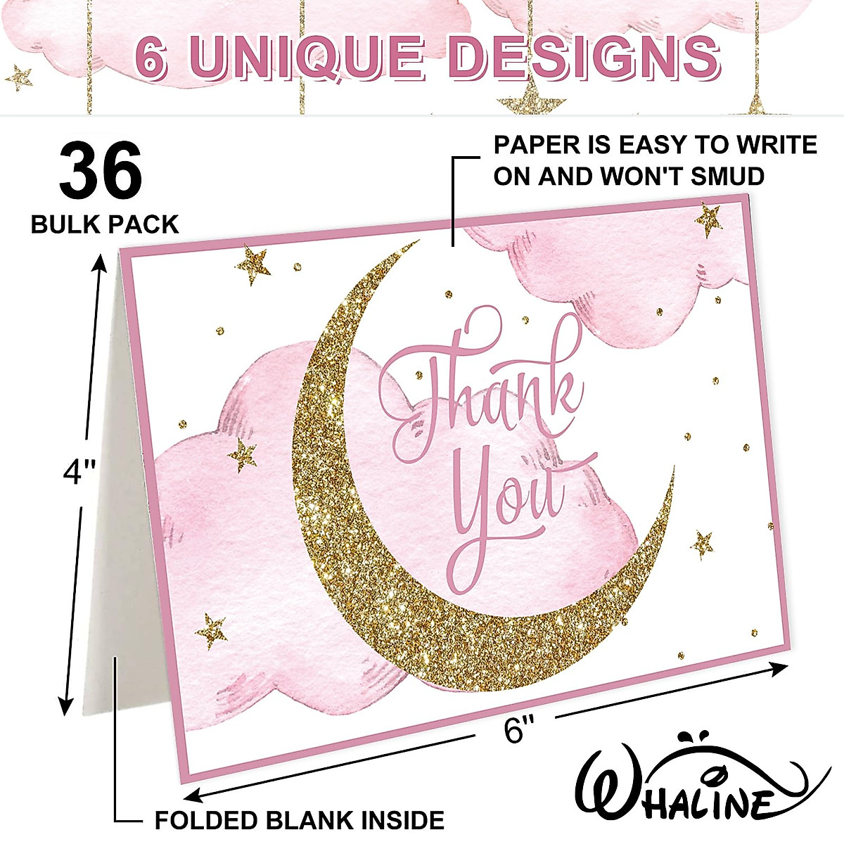 Whaline 36 Pack Pink Baby Shower Thank You Cards with Envelopes Matching Seal Stickers Glitter Starry Twinkle Moon Blank Note Cards for Birthday Supplies