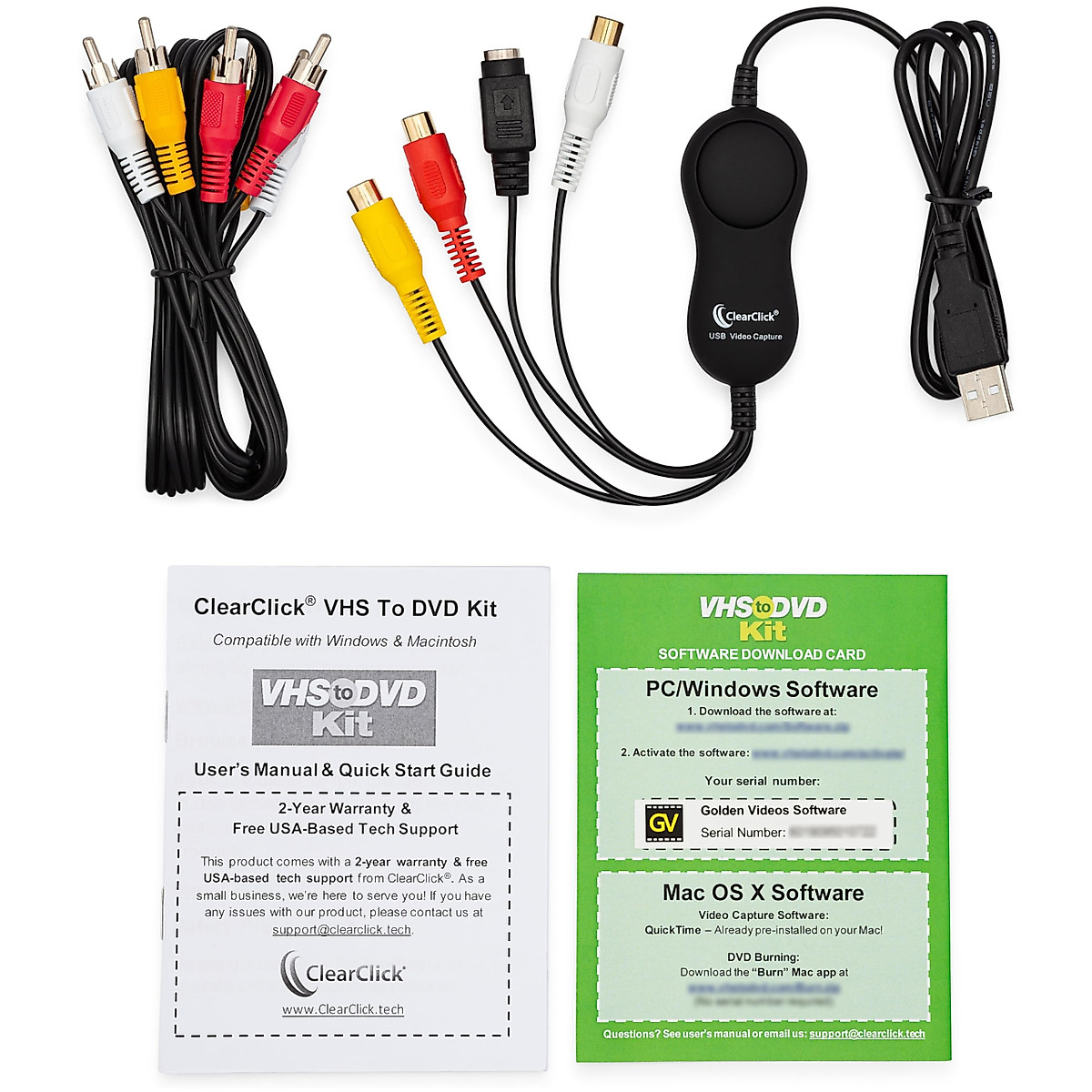 ClearClick VHS to DVD Kit for PC & Mac - USB Device, Software, Instructions, & Tech Support - Capture Video from VCR, VHS, Hi8, Camcorders, Gaming Systems