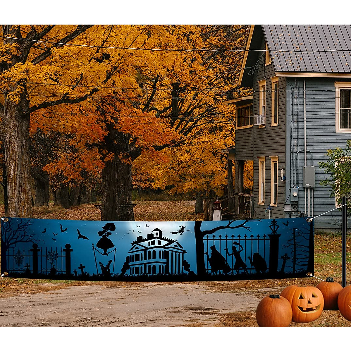 Haunted Mansion Decoration,Halloween Party Supplies Hitchhiking Ghosts Yard Sign Banner for Happy Halloween Party Decoration