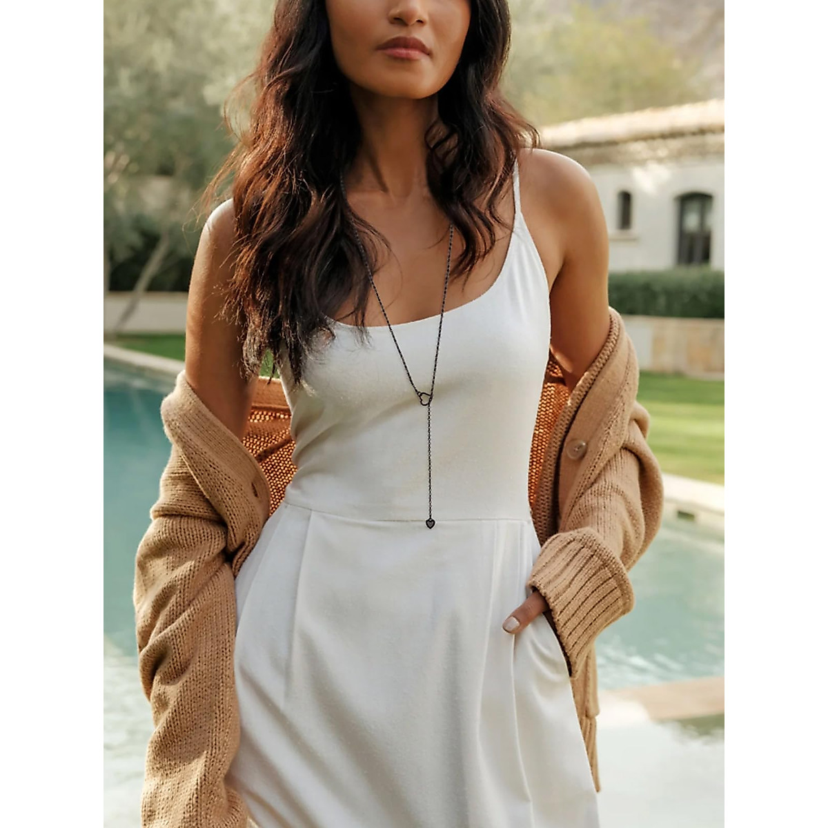 FOCALOOK Black Long Necklaces for Women Trendy Drop Heart Pendant Lariat Long Chain Elegant Y-Necklaces