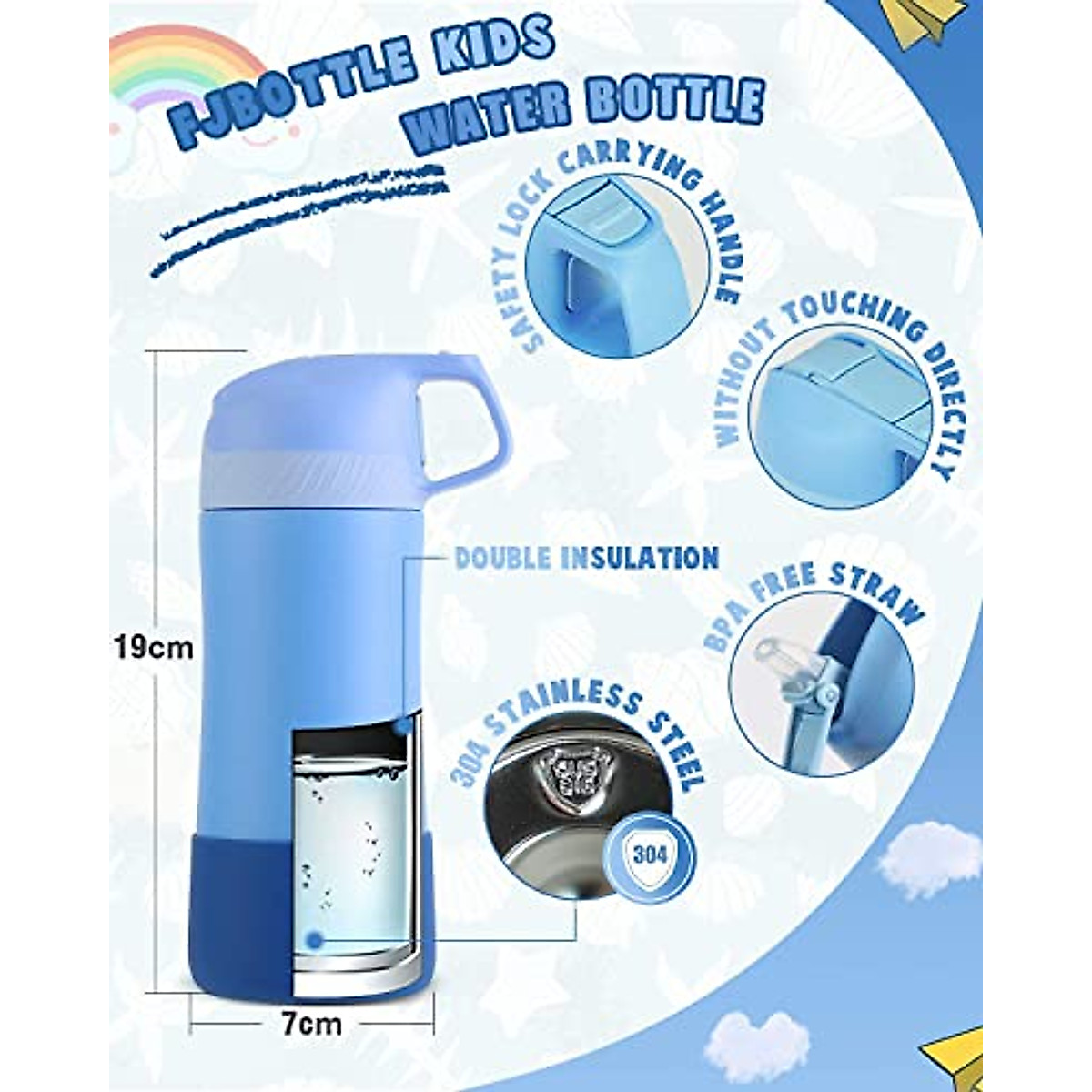 FEIJIAN Kids Insulated Water Bottle with Straw Lid 14oz, Leak-Proof BPA-FREE Metal Drink Flask, Double Wall Vacuum Stainless Steel Cup For Toddlers, Girls, Boys - Suitable for School, Outdoor, Travel