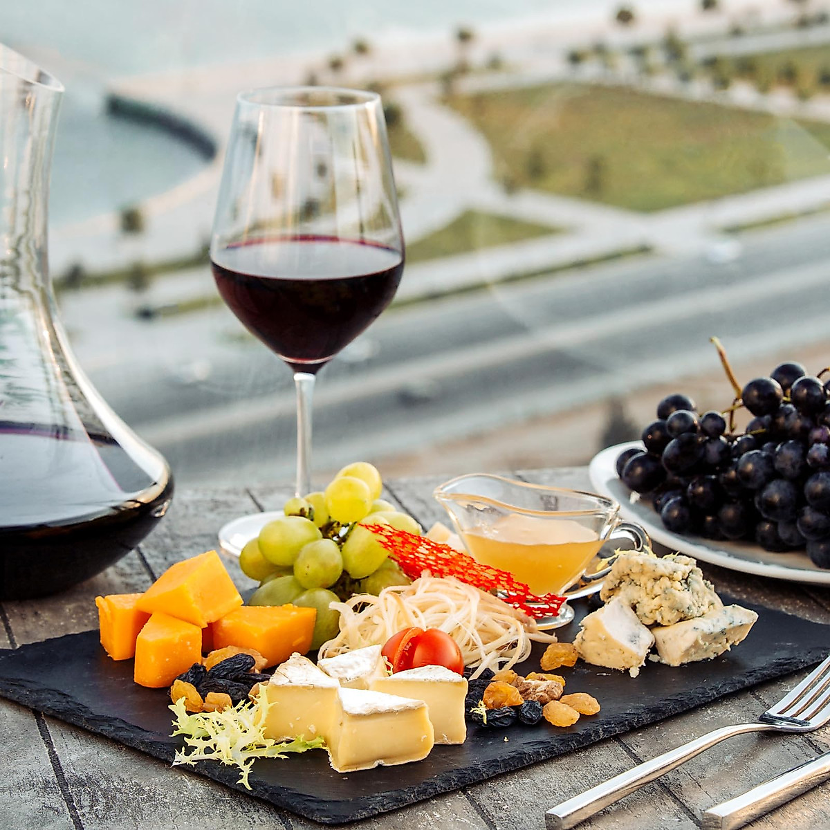 MAPRIAL 12 x 10 In 4 Pack Slate Cheese Boards, Black Stone Plates Charcuterie Board Gourmet Serving Tray Cheese Platter Display Chalkboard with Soapstone Chalk for Sushi, Party, Gifts, Meat, Appetizer