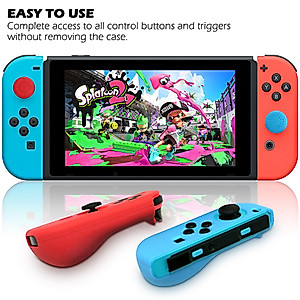 Protective Case Compatible with Nintendo Switch Joy-Con Controller with Thumb Caps, SENHAI 2 Pack Anti-Slip Silicone Grips Covers with 16 Thumb Stick Pads - Black, Blue + Red