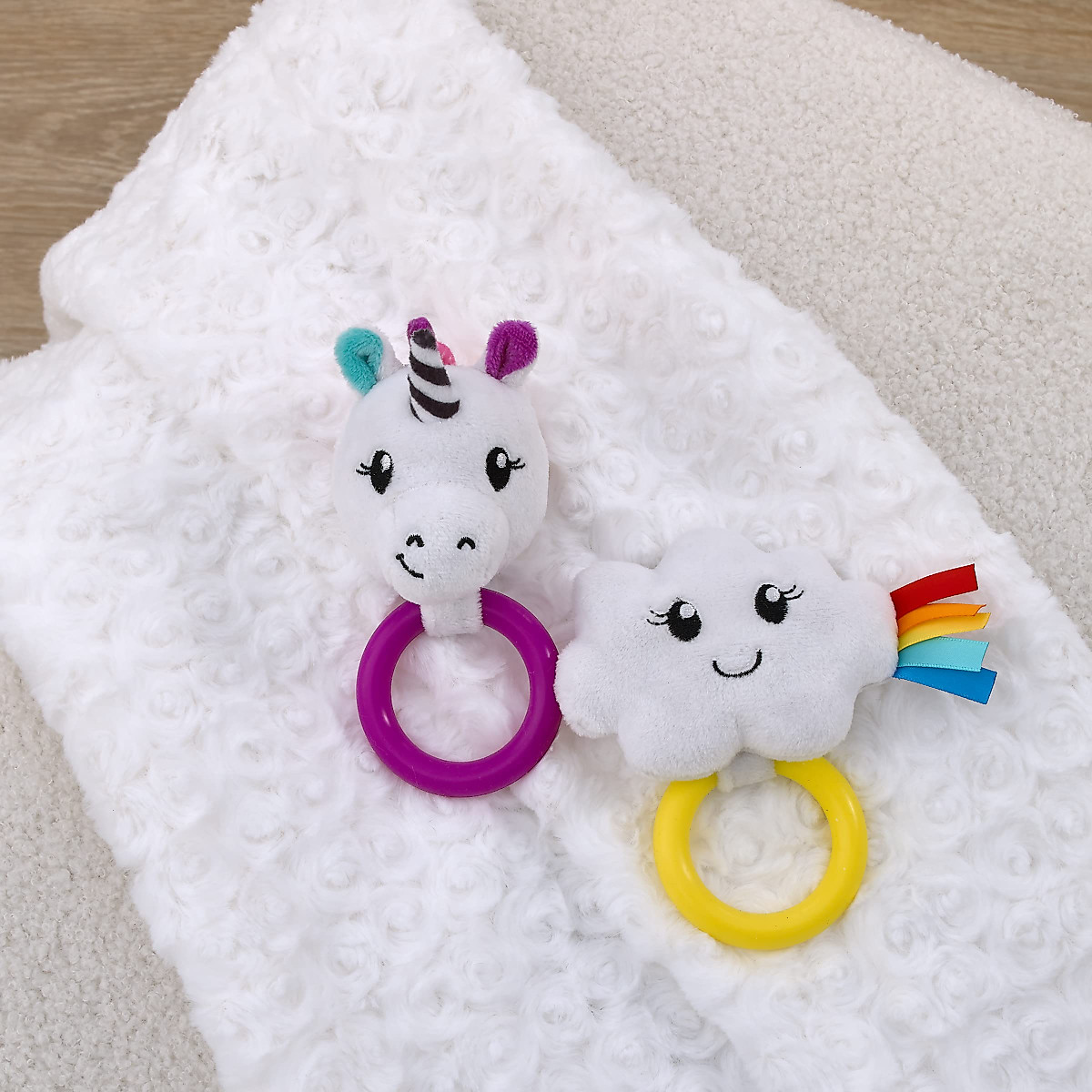 NoJo Sassy Baby Ulbright Unicorn and Cloud Multi-Colored Developmental Plush Teether Rings Two Pack with Rattle and Chime