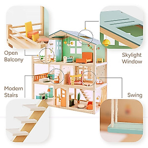 Large Pink Wooden Dollhouse with Furniture for Girls, 6 Rooms 2.6ft High with Elevator,Doorbell, Light,15 Pcs Furniture & 3 Dolls, Kids Playhouse Toy for Girls 3-7+, 31.5" x 25" x 12.2"