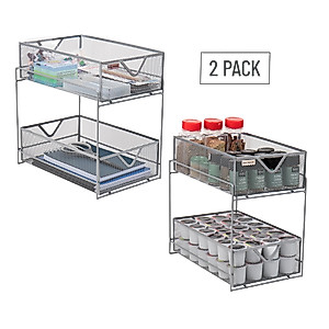Mind Reader Network Collection, 2-Tier Sliding Basket Storage Kitchen, Desk, Makeup, Cabinet Organizer, Metal Mesh, Set of 2, 2-Pack, Silver