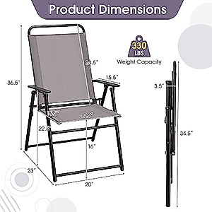 Giantex Patio Chairs Set of 4, Outdoor Folding Chairs with Armrests, Metal Frame, Outside Foldable Dining Chairs for Lawn Deck Porch Beach Yard (Gray & Black)
