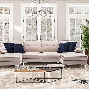 Zugoni 110''Sectional Sofa U Shaped Sectional Couch, Large Sectional Couches with Tufted for Living Room, Comfy Soft Chaise Sectional Sofas, Modern Linen Sectionals with 4 Free Throw Pillows, Beige