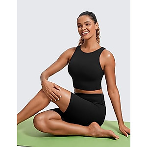CRZ YOGA Butterluxe Womens Racerback High Neck Longline Sports Bra - Padded Workout Crop Tank Tops with Built in Shelf Bra Black Medium