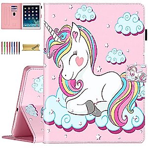 Dteck Case for iPad 6th Generation 2018 /iPad 5th Generation 2017 /iPad Air 2 2014 /iPad Air 2013 Tablet 9.7 Inch, PU Leather Smart Stand Wallet Cute Flip Cover Case with Stylus Pen (Smile Unicorn)
