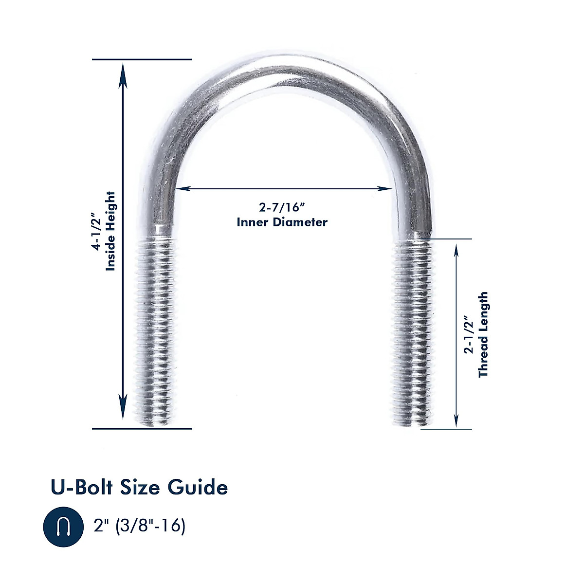 U-Turn - 2 inch Pipe Size U-Bolt with Nuts, 304 Stainless Steel (2-7/16 inch ID) (2 Pieces)