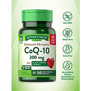 Nature's Truth CoQ10 200 mg Softgels | 50 Count | Enhanced Absorption Supplement | Plus Black Pepper Extract | Non-GMO, Gluten Free