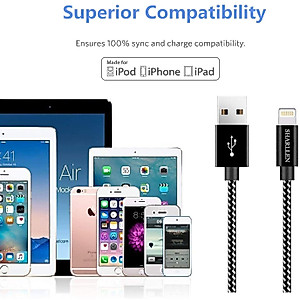 iPhone Charger Cable 3Pack 3FT MFi Certified Sharllen Nylon Braided iPhone Charging Cord Fast USB Charging Cell-Phone Lightning Wire Compatible iPhone 11/XS/Max/XR/X/8P/8/7/7P/6/iPad/iPod(Black-3FT)