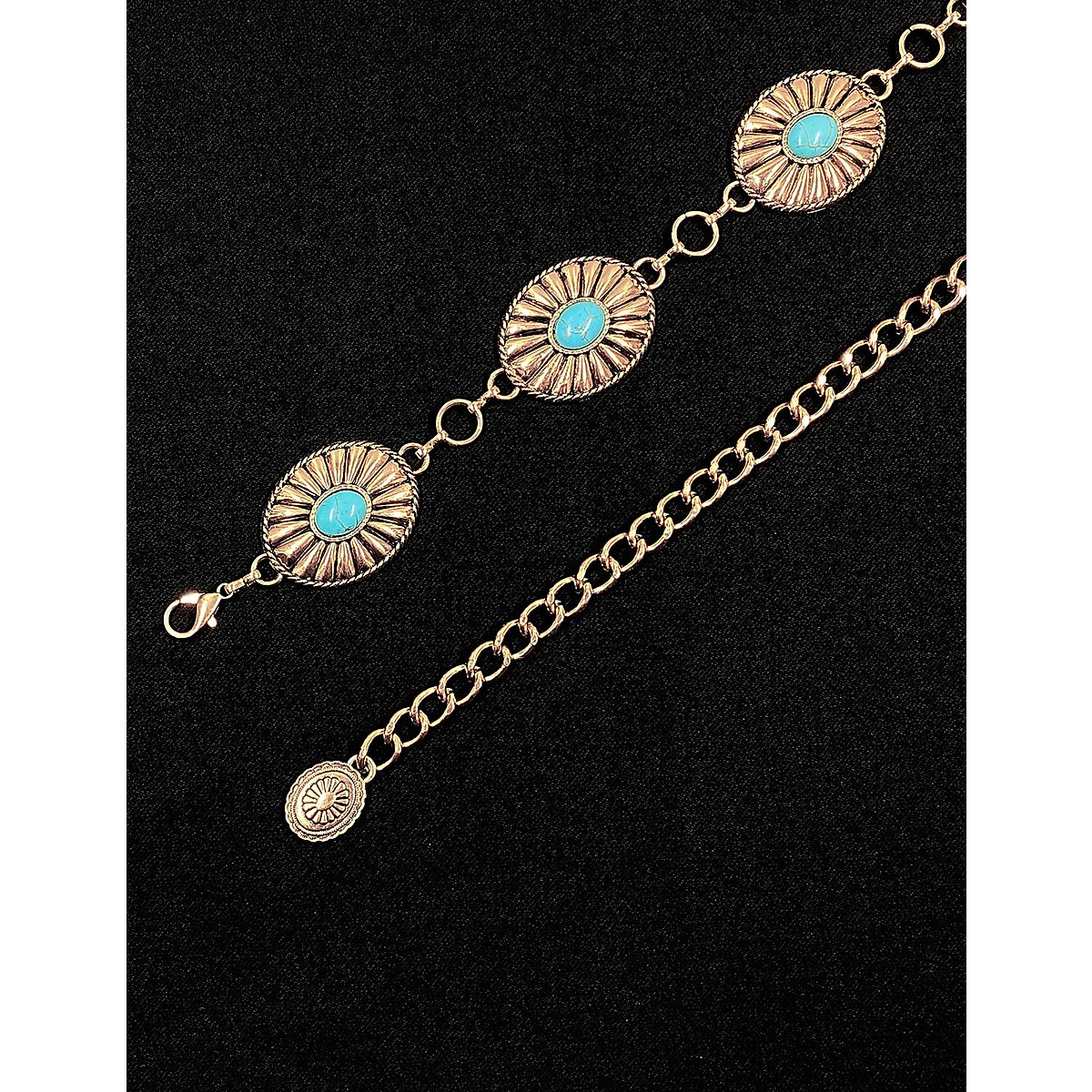 BEMYLV Turquoise Concho Belts for Women Western Gold Cowgirl Metal Belt Boho Waist Chains Dresses Jeans