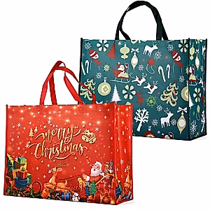 PARSUP 2PCS Giant Christmas Gift Bags, Heavy Duty Treat Tote Grocery Bags with Handles, Sewing Non-Woven Jumbo Bags for Gifts Wrapping Shopping, Xmas Party Supplies, 21.26"×15.7"×7.9"