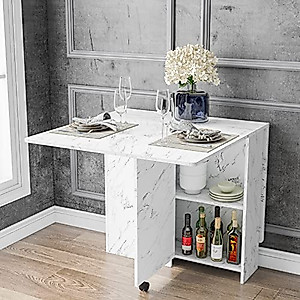 DINAZA Folding Dining Table Drop Leaf Table for Small Spaces with Storage Racks Multifunction Space Saving Table Extension Dinner Table for Kitchen Bedroom Dining Room White Marble