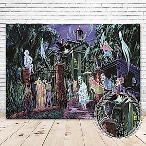 VV Backdrop Disneyland Haunted Mansion Backdrop 7x5 Ghost Wooden House Haunted Mansion Outdoor Background for Halloween Party Vinyl Black Night Halloween Backdrops for Photography