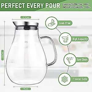SUSTEAS 2 Liter Glass Pitcher, Water Pitcher with Removable Lid And Wide Handle, Easy Clean Juice Jug for Fridge, Beverage Carafe for Cold/Hot Water, Iced Tea, 1 Free Long-Handled Brush Included
