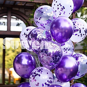 SUWEN Metallic Purple Balloons and Confetti Balloons 18/12/10/5Inch Different Sizes 60PCS Set Shiny Latex Helium Dark Purple Balloon for Birthday Party Graduation Anniversary Decorations