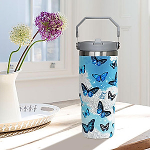 Butterfly Tumbler with Handle and Straw, Stainless Steel Vacuum Insulated Flip Straw 30 oz Blue Butterfly Tumbler Spill Proof Coffee Travel Mug Butterfly Gifts