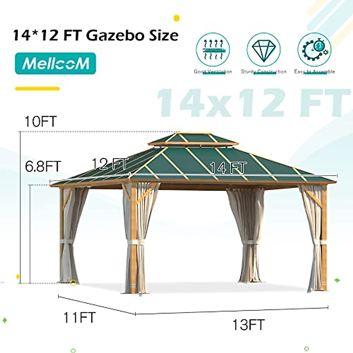 MELLCOM 12' x 14' Hardtop Gazebo, Wooden Grain Coated Aluminum Frame Outdoor Gazebo with Double Roof, Claret Metal Curtains and Nettings for Patios, Gardens, Lawns Green