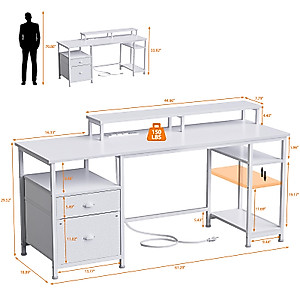 Furologee 61" Desk with LED Light & Power Outlets, Reversible Computer Desk with File Cabinet & Drawer, White Gaming Desk Writing Table with Dual Monitor Stand, for Home/Office/White