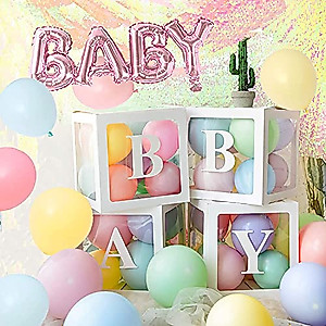 Baby Shower Decoration Baby Balloon Box - 4 pcs Transparent Balloons Boxes with BABY Letter ,White Baby Blocks Centerpieces Party Favors for Baby Girl Boy Birthday Gender Reveal Backdrop