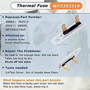 【Upgraded】 SUMNEW 3387134 High-Limit Thermostat 3392519 Dryer Thermal Fuse 3977393 Cut-Off Switch 3977767 Cycling Thermostat Compatible with Whirlpool Kenmore maytag Replaces Parts 3399693 PS345113