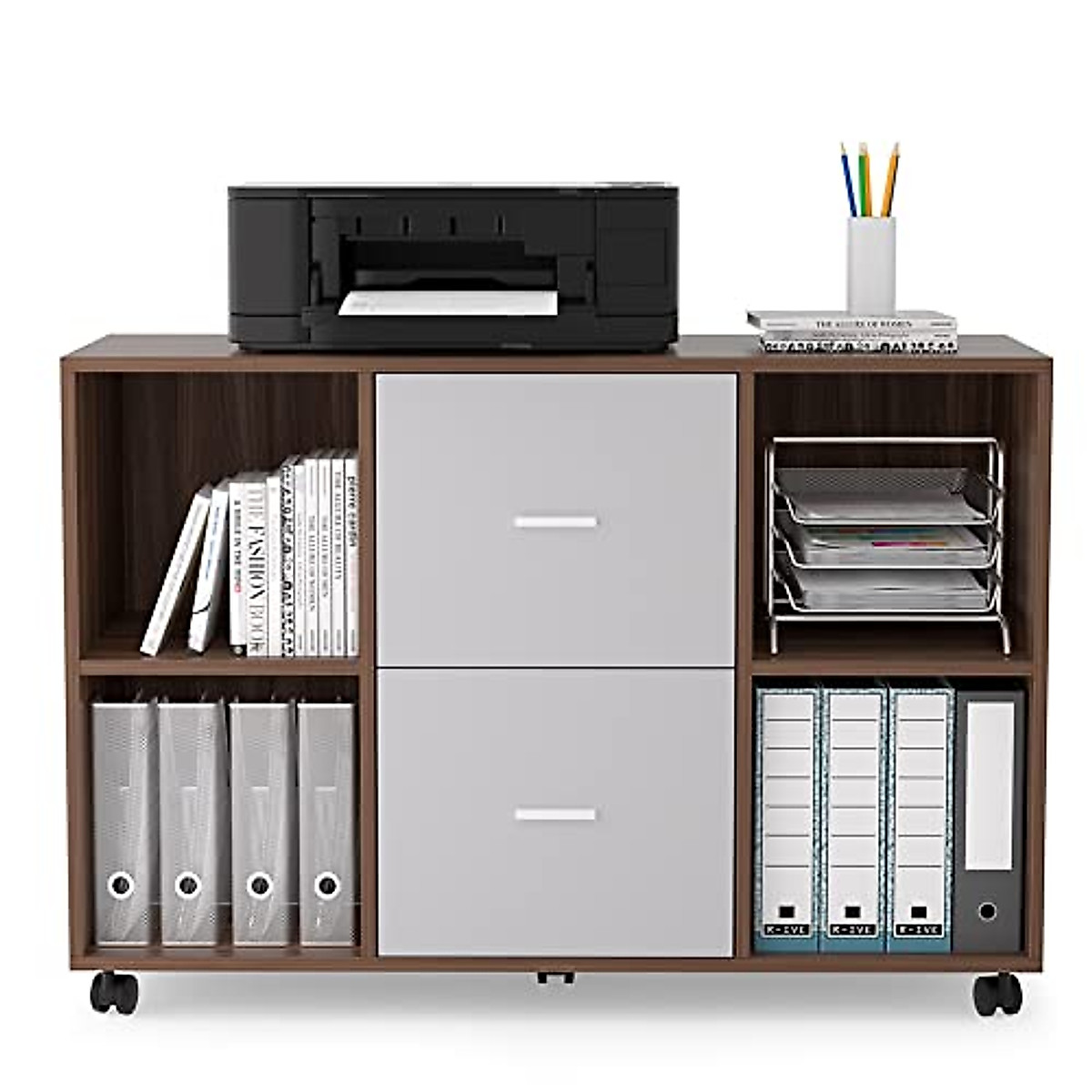 WILLIAMSPACE File Cabinet for Home Office，Filling Cabinets with 2 Drawer & 4 Open Shelves, Printer Stand with Storage Cabinet, Lateral Filling Cabinets on Wheels/Scanner (2 Drawer,Walnut + Grey)