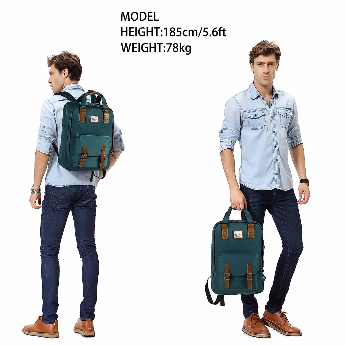 VASCHY School Backpack for Men and Women, Unisex Vintage Water Resistant Casual Daypack Rucksack Bookbag for College Fits 15inch Laptop Blackish Green