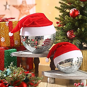 Liliful 2 Pcs Christmas Large Disco Ball Ornament With Santa Hat Silver Hanging Reflective Disco Ball for Party (12'', 8'')