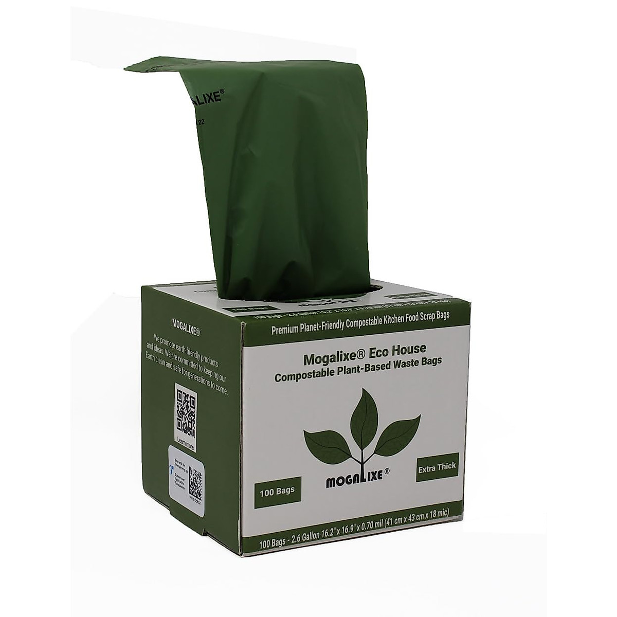 MOGALIXE Compostable Kitchen Compost Bags, 2.6 Gallon, 100 Count, Plant-Based, Extra Thick, ASTM D6400 Rated