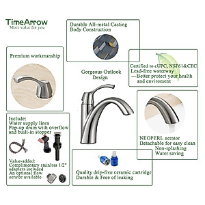 TimeArrow Brushed Nickel 1-Handle Single Hole Bathroom Faucet, 3-Hole Deck Plate, Pop-Up Drain and Water Supply Lines Included, TAF206-BN