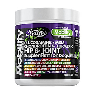 Hip and Joint Supplement Dogs with Glucosamine for Dogs + Chondroitin, Turmeric, Hyaluronic Acid, MSM, Salmon Oil, Collagen, Vitamin C, Omega 3 Senior Dog Supplements Beef Flavor by Clean Pets