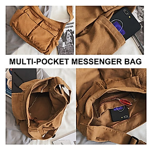 Canvas Messenger Bag Large Hobo Crossbody Bags, Women Men Crossbody Shoulder Bag with Multiple Pockets Canvas Messenger Bag, Large Capacity Art Leisure Bag Canvas Shoulder Tote Bag (Brown)