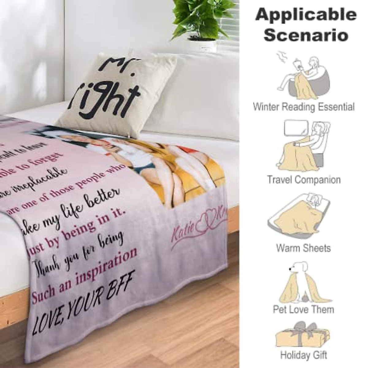 D-Story Personalized Photo Blanket for Sister Bestie: Custom Throw Blanket Bestie Friendship for Birthday Gifts, Best Friend Ever Purple Name BFF Blanket-Made in USA