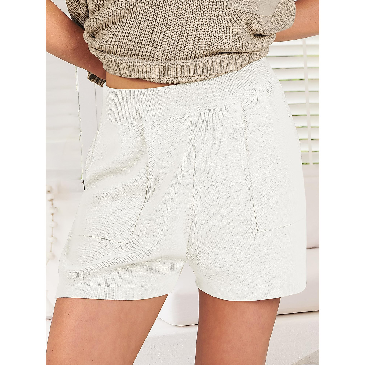 ANRABESS Women's Two Piece Summer Outfits Knit Sweater Short Sets Pullover Tops & Shorts Lounge Matching Clothes Set Khaki White X-Large