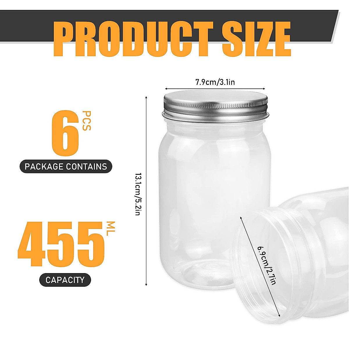 FIREBOOMOON 6 Pack 16 Ounce Clear Plastic Mason Jars Containers With Screw Sealing Metal Tinplate Lids,Refillable Empty PET Plastic Slime Candy Storage Jars Containers for Home Kitchen Art Craft